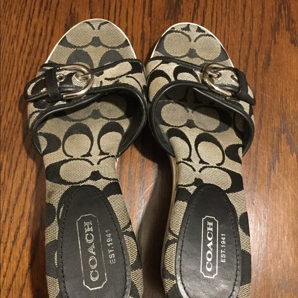 Coach | Shoes | Coach Wedge Black And Gray Sandals Signature Logo ...